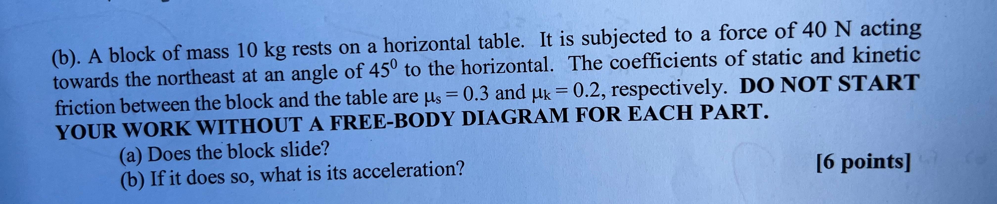 Solved (b). A block of mass 10 kg rests on a horizontal | Chegg.com