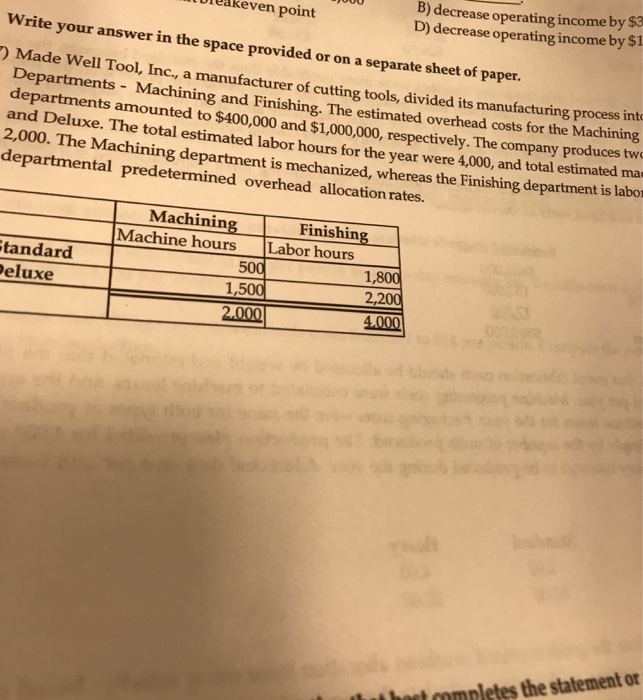 Solved B) decrease operating income by $3 D) decrease | Chegg.com