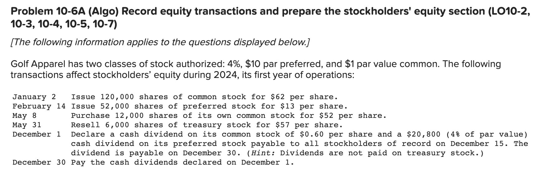 Solved Problem 10-6A (Algo) Record equity transactions and | Chegg.com