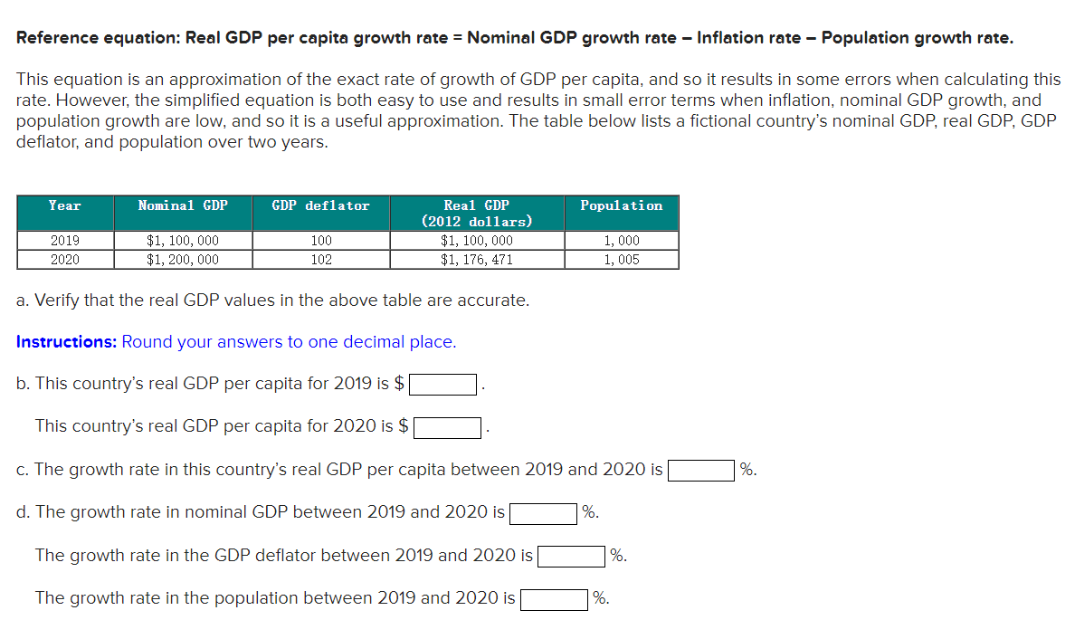 Solved Reference equation: Real GDP per capita growth rate = | Chegg.com