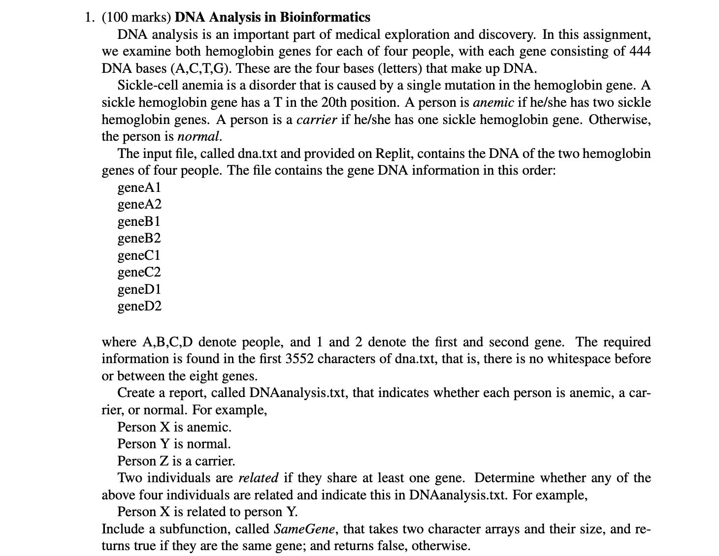 Solved (100 marks) DNA Analysis in Bioinformatics DNA | Chegg.com