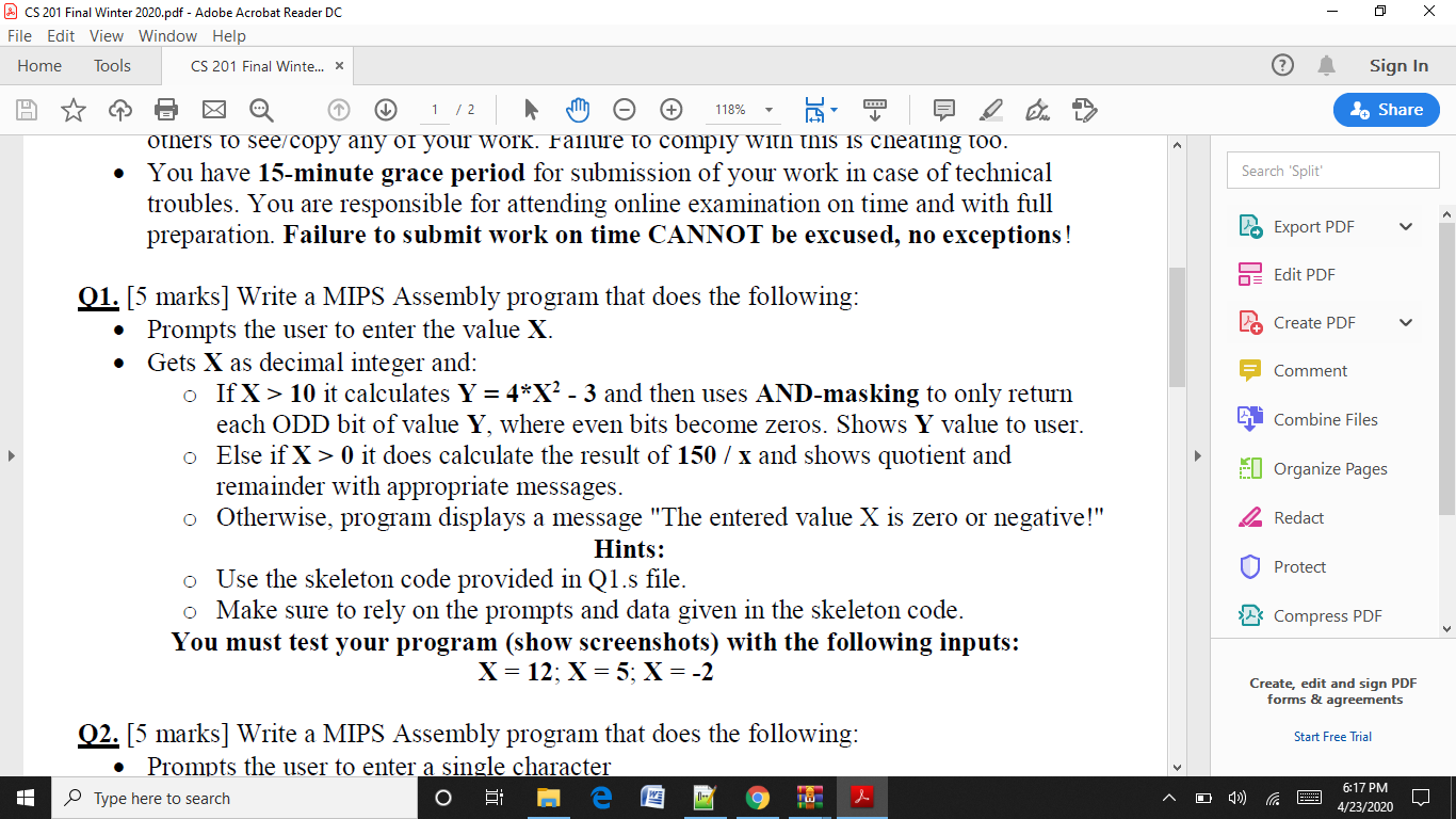 - o x CS 201 Final Winter 2020.pdf - Adobe Acrobat | Chegg.com
