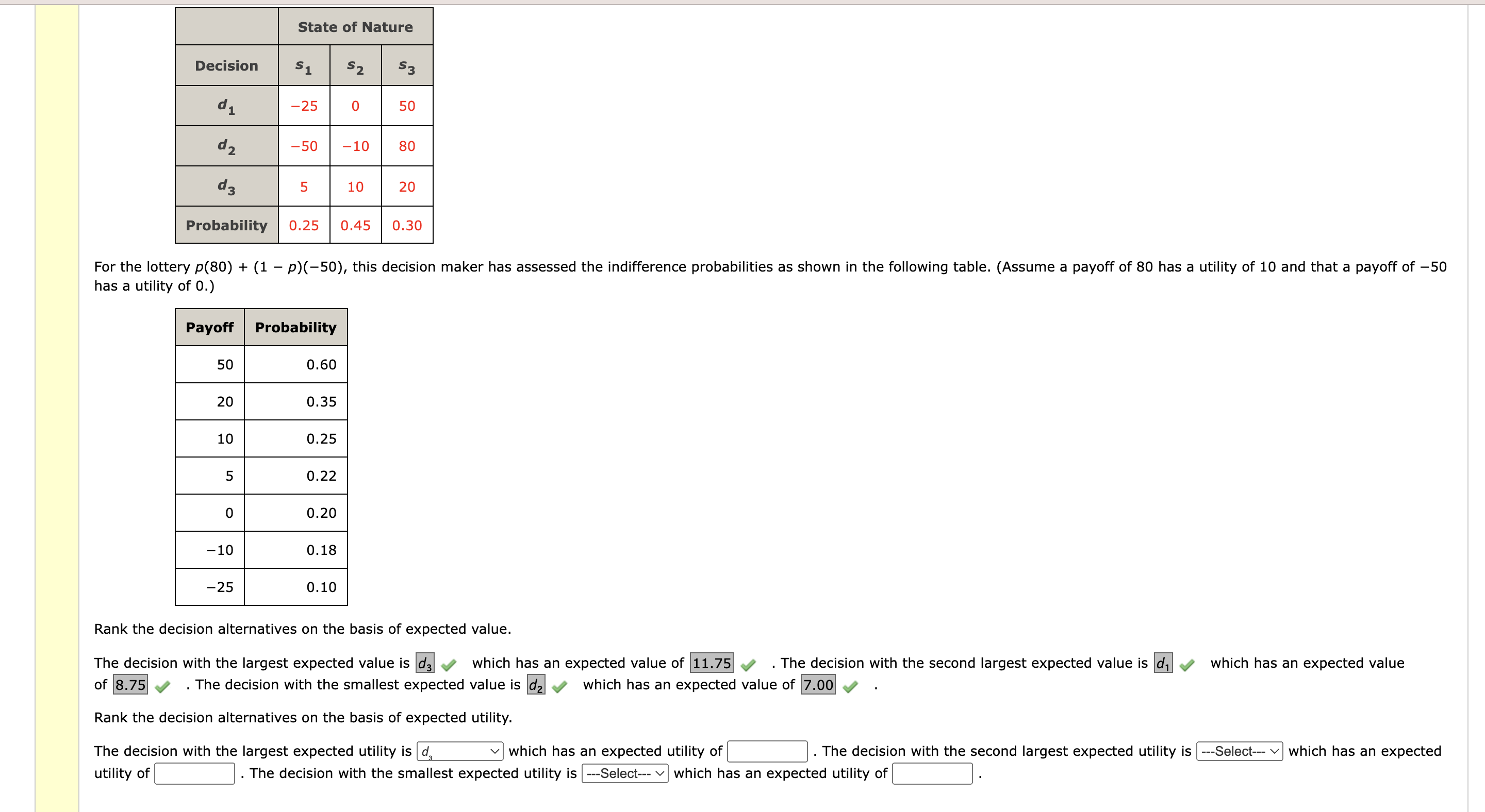 Solved has a utility of 0 .)Rank the decision alternatives | Chegg.com