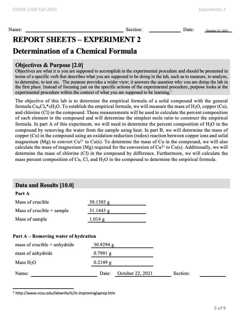 Solved CHEM-1100 Fall 2021 Experiment 2 EXPERIMENT 2 | Chegg.com