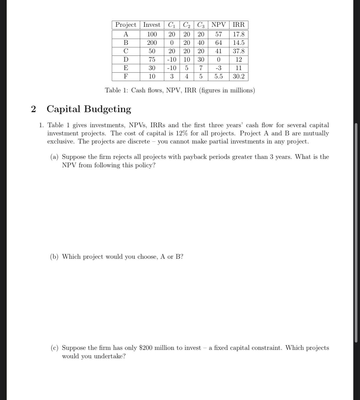 Solved Table 1: Cash flows, NPV, IRR (figures in millions) 2 | Chegg.com