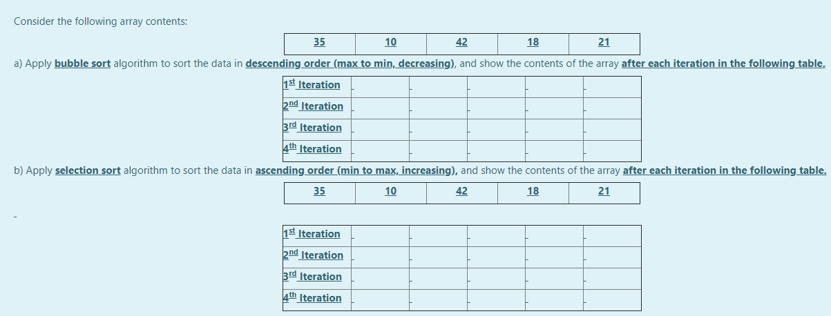 Solved Consider the following array contents: 35 10 42 18 21 | Chegg.com