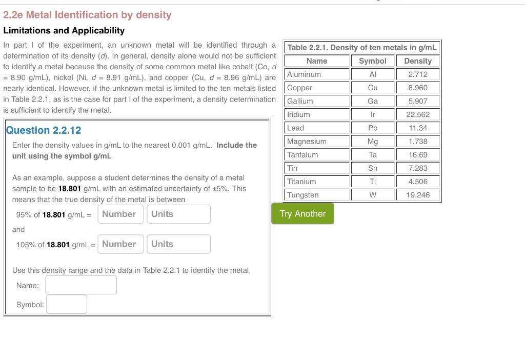 Solved 2.2e Metal Identification by density Limitations and | Chegg.com