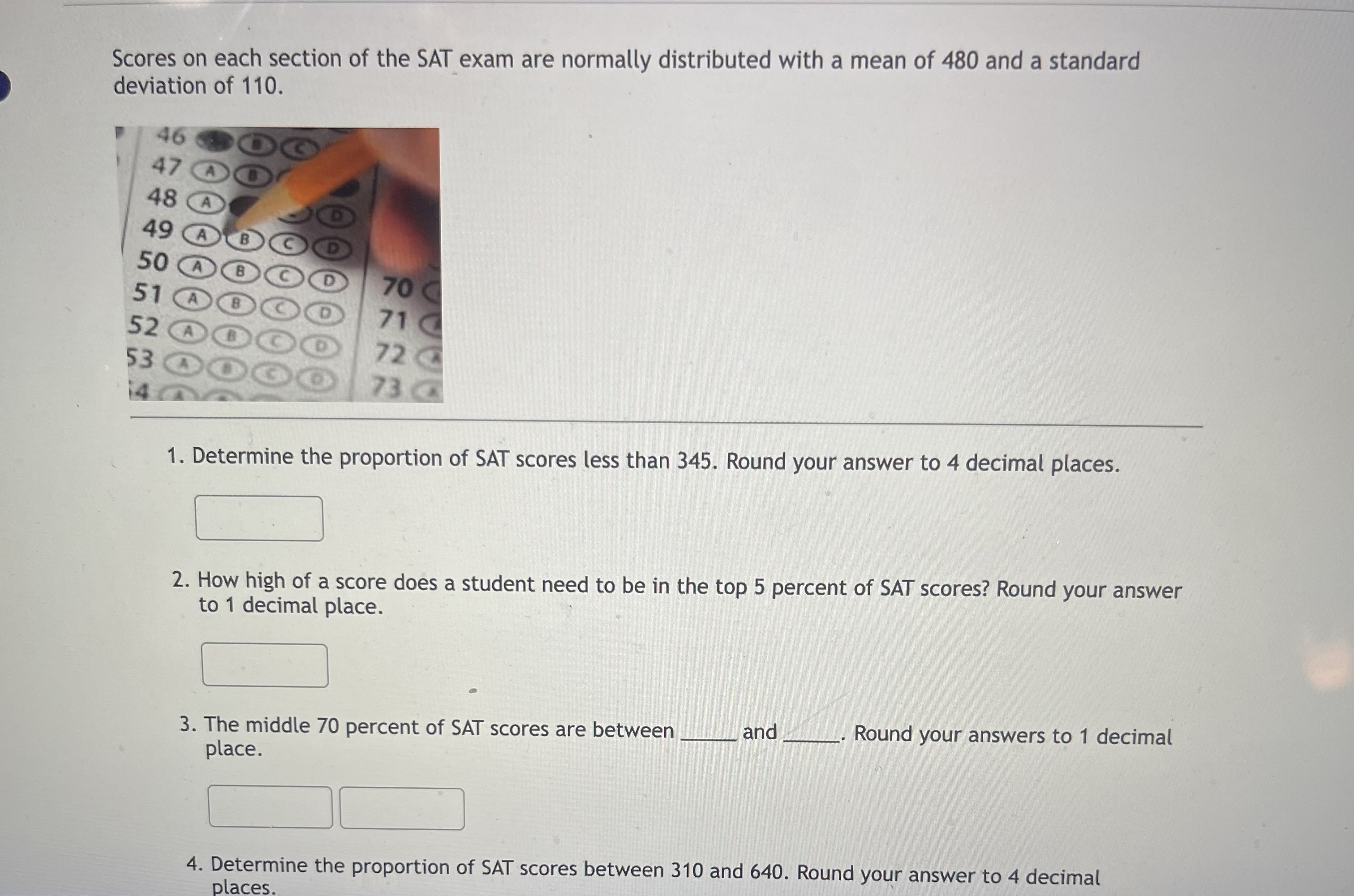 Solved Scores on each section of the SAT exam are normally | Chegg.com