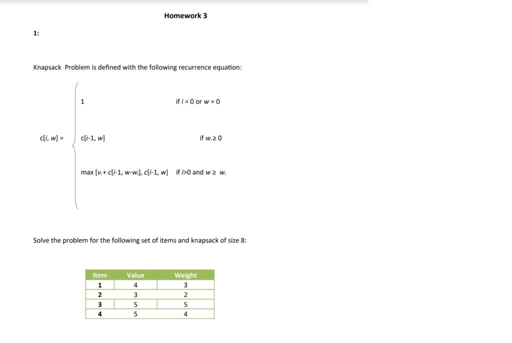 Solved Homework 3 1: Knapsack Problem is defined with the | Chegg.com