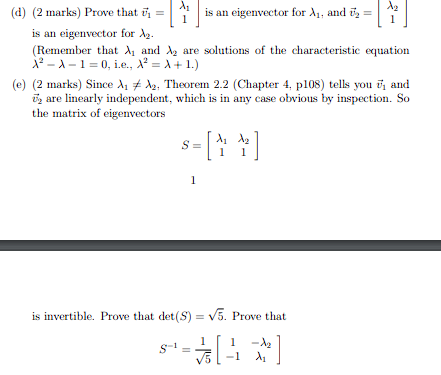 (d) (2 ﻿marks) ﻿Prove that vec(v)1=[λ11] ﻿is an | Chegg.com