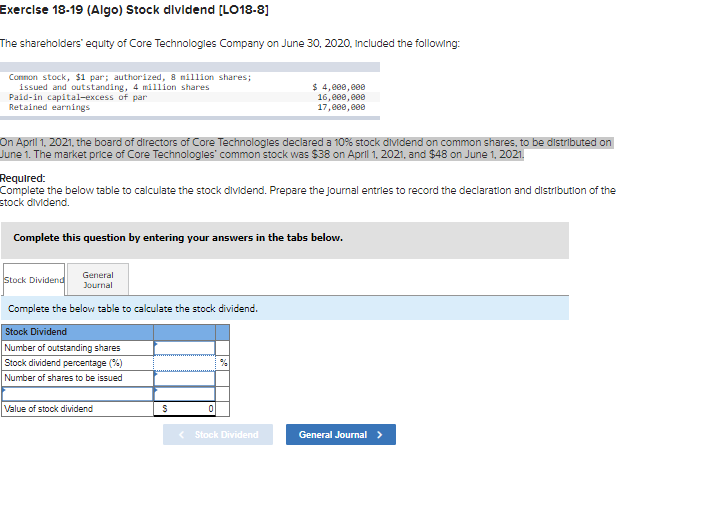 Solved Exerclse 18-19 (Algo) Stock dlvldend [LO18-8] The | Chegg.com