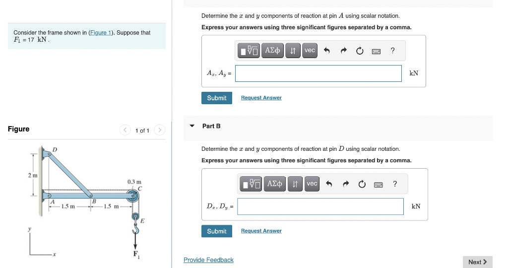 Solved Determine the x and y components of reaction at pin A | Chegg.com
