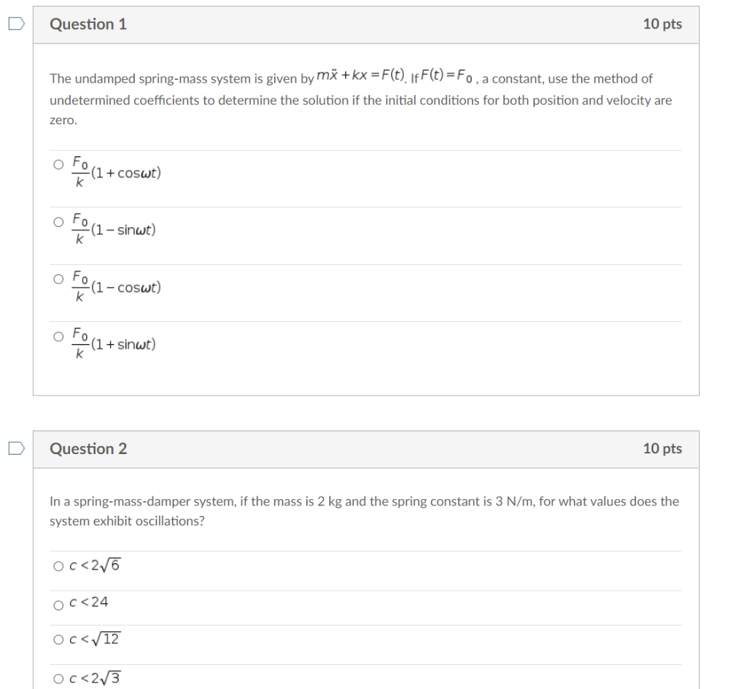 Solved Question 1 10 pts The undamped spring-mass system is | Chegg.com