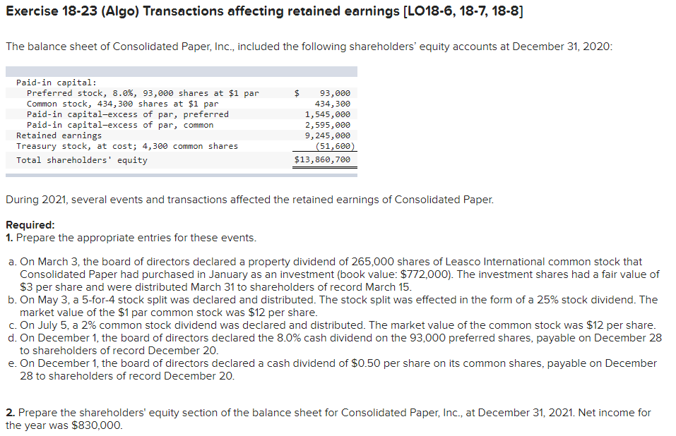 Solved Exercise 18-23 (Algo) Transactions affecting retained | Chegg.com