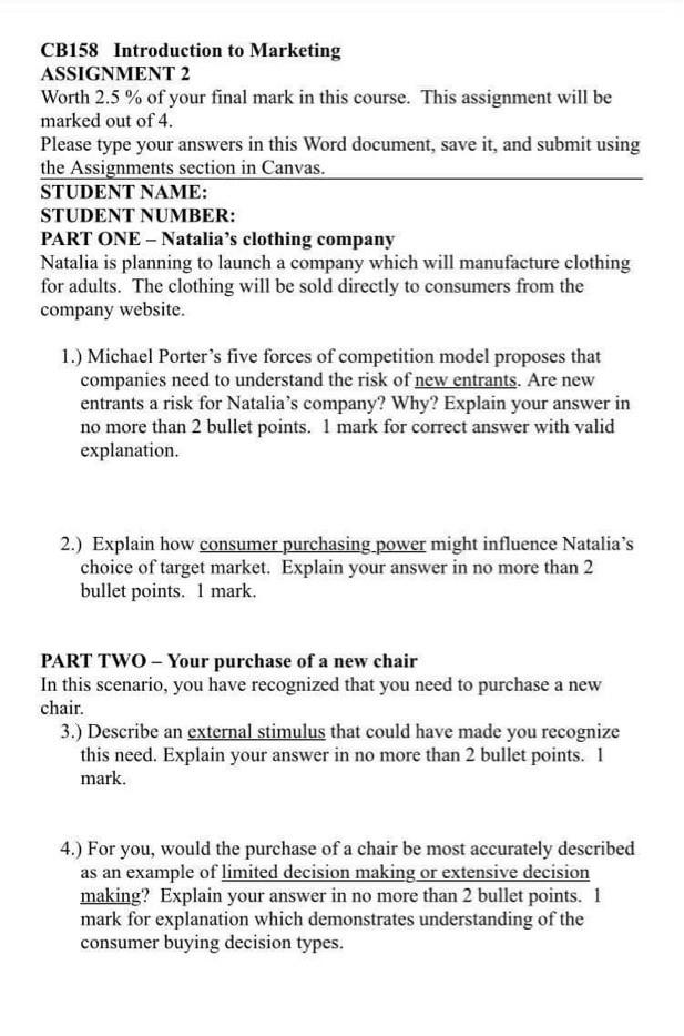 Solved CB158 Introduction to Marketing ASSIGNMENT 2 Worth | Chegg.com