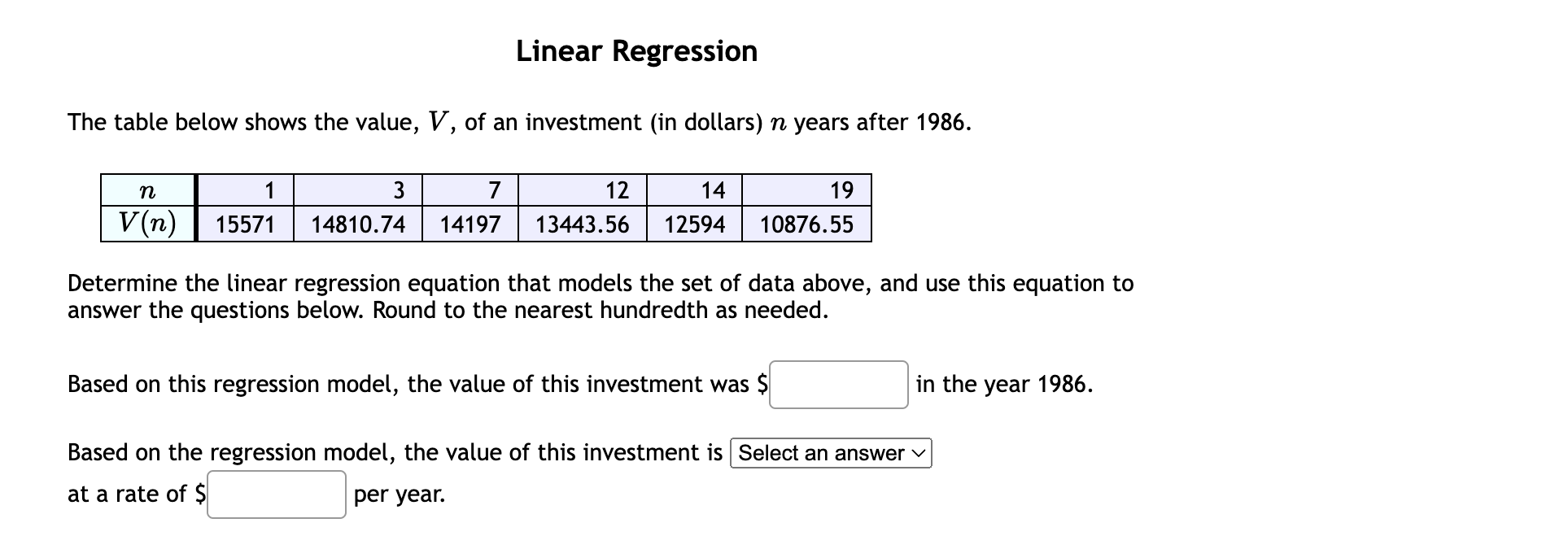Solved Linear Regression The table below shows the value, V, | Chegg.com