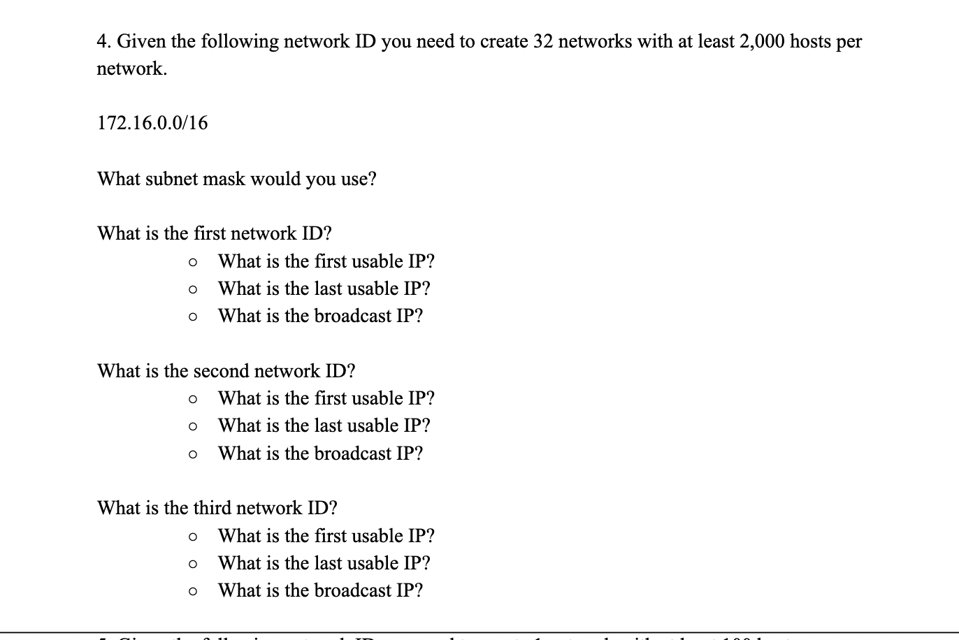 Solved 4. Given the following network ID you need to create | Chegg.com