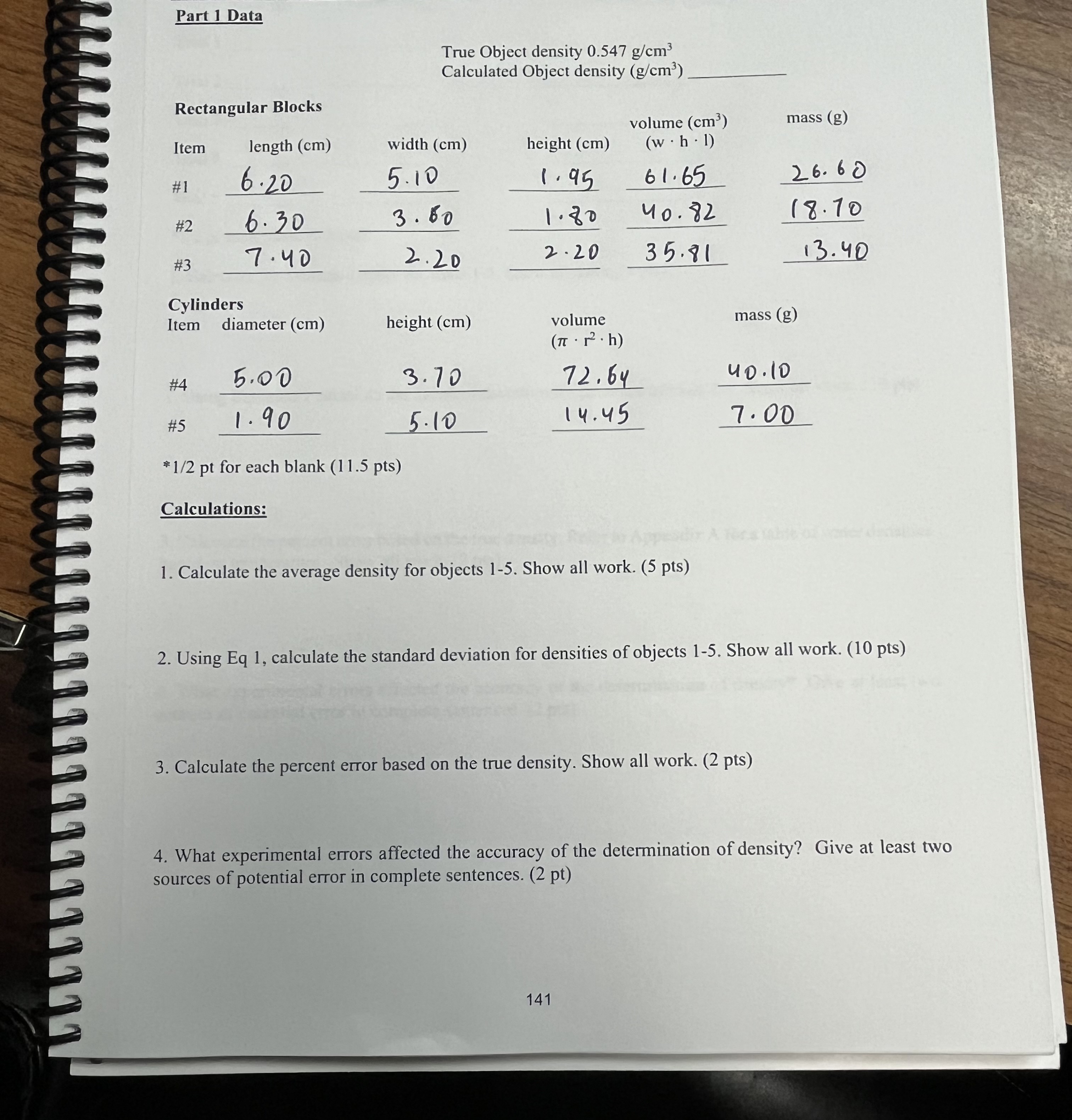 Solved Part 1 ﻿DataTrue Object density 0.547gcm3Part 1 | Chegg.com