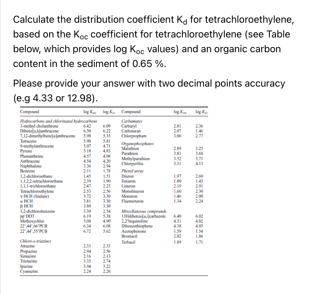 Solved Calculate the distribution coefficient Kd for | Chegg.com