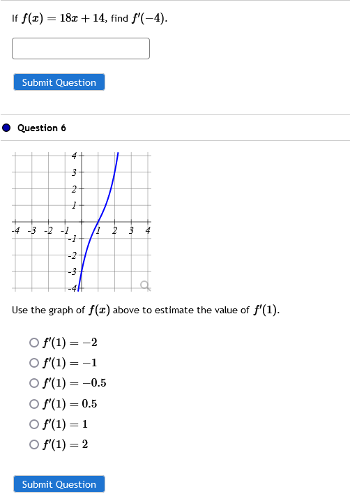 Solved If f(x)=18x+14, find f′(−4). Question 6 Use the graph | Chegg.com
