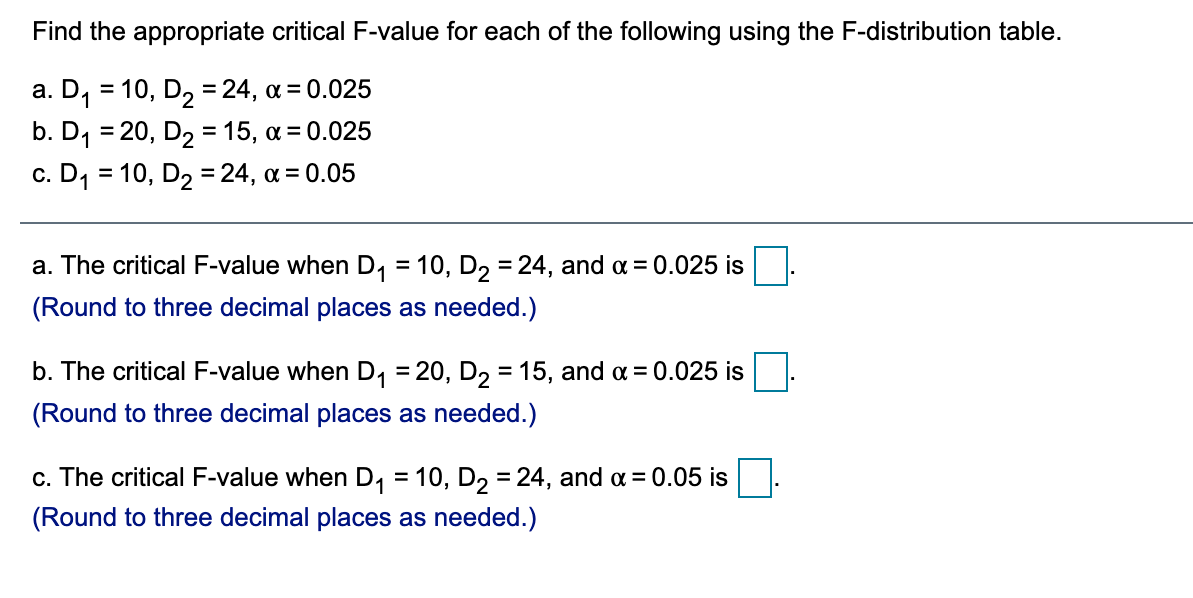 Solved Find the appropriate critical F-value for each of the | Chegg.com