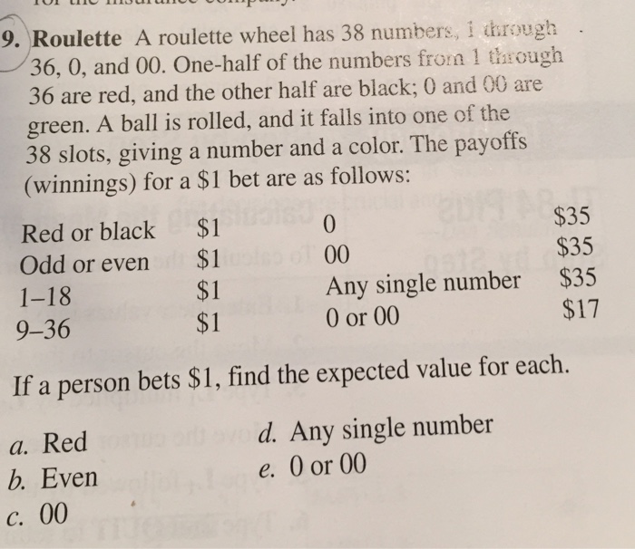 Solved A roulette wheel has 38 numbers, i through 36, 0, and | Chegg.com