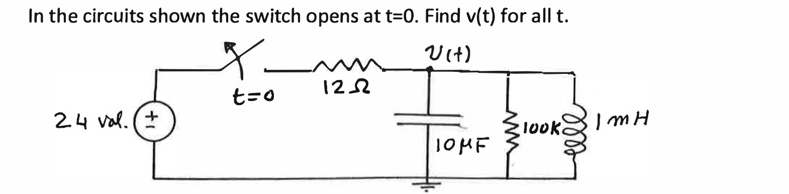 Solved In the circuits shown the switch opens at t=0. Find | Chegg.com