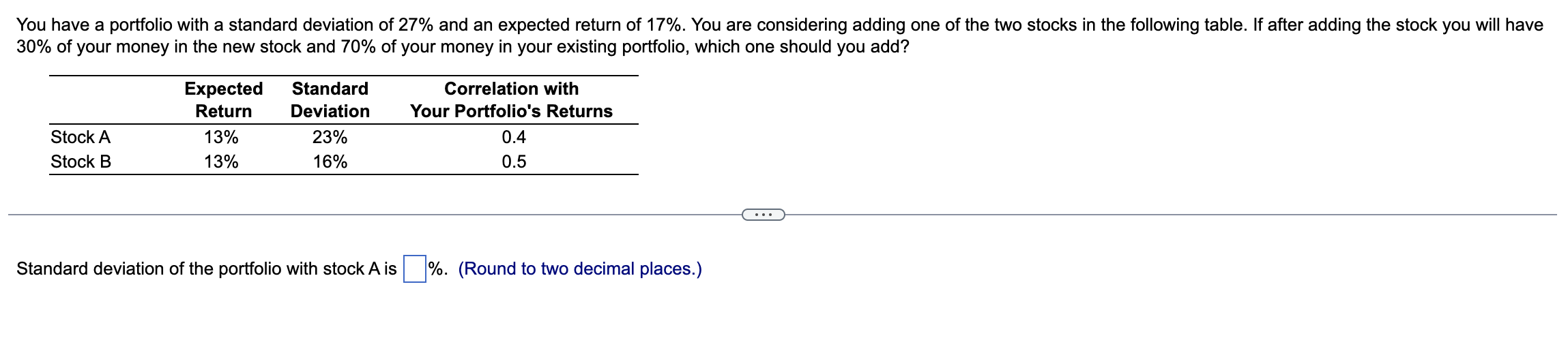Solved Standard Deviation Of The Portfolio With Stock A Is