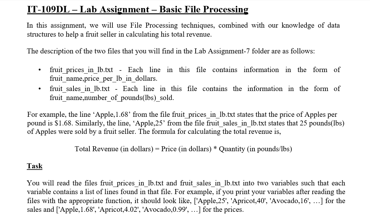Solved IT-109DL - Lab Assignment - Basic File Processing In | Chegg.com