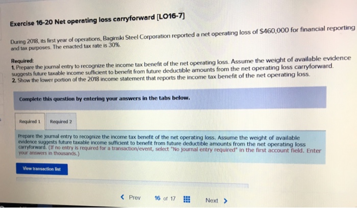 Solved Exercise 16-20 Net operating loss carryforward | Chegg.com