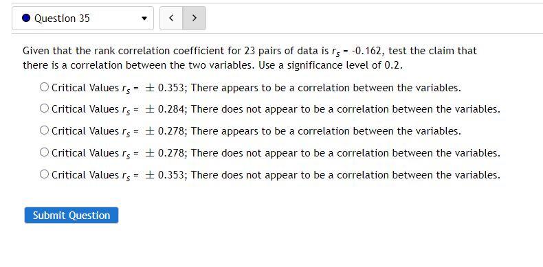 Solved Question 35 > Given that the rank correlation | Chegg.com