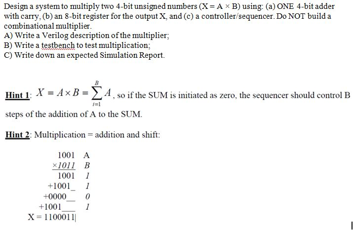 Design a system to multiply two 4-bit unsigned | Chegg.com