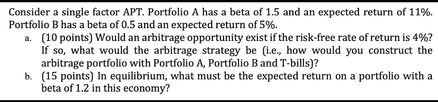 Solved a Consider a single factor APT. Portfolio A has a | Chegg.com