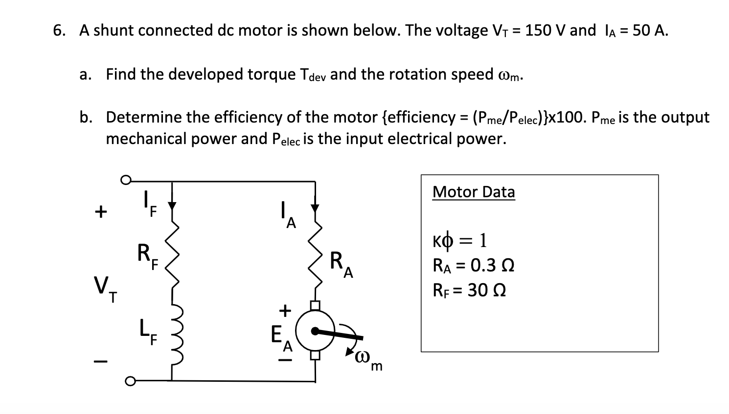 Solved 6. A shunt connected dc motor is shown below. The | Chegg.com
