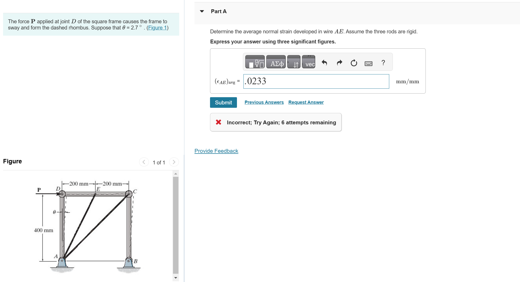 Solved The force P ﻿applied at ﻿joint D of ﻿the square frame | Chegg.com
