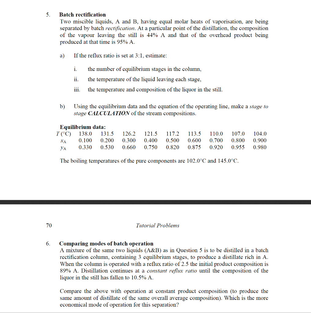 Solved 5. Batch rectification Two miscible liquids, A and B, | Chegg.com