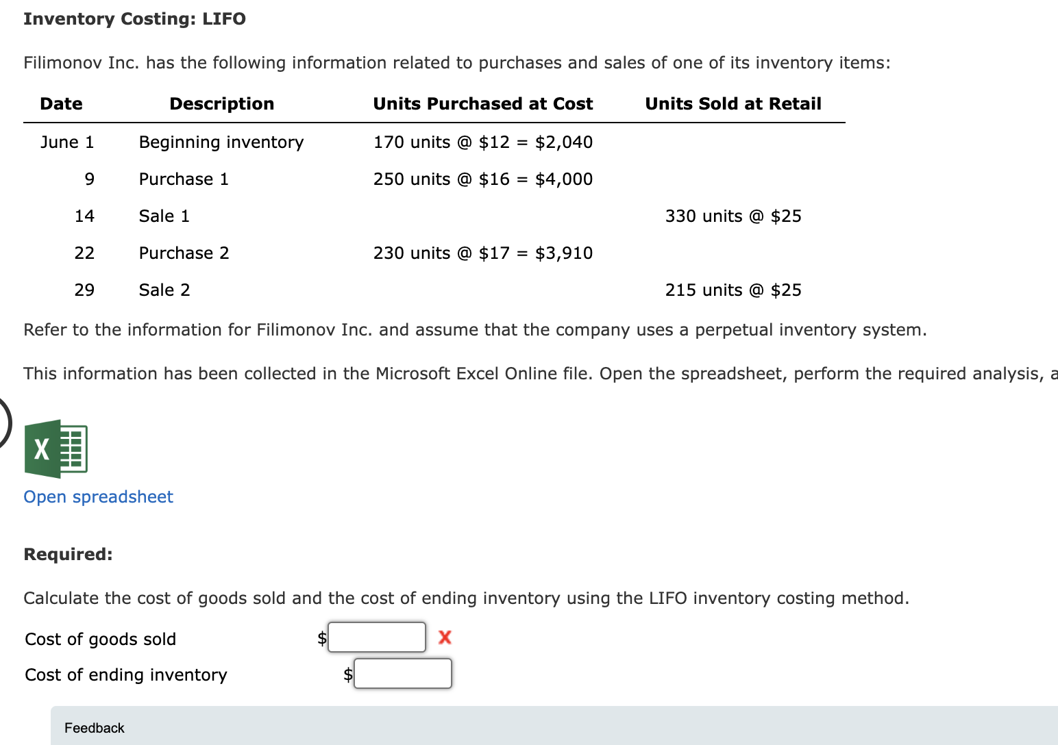 Solved Inventory Costing: LIFO Filimonov Inc. has the | Chegg.com