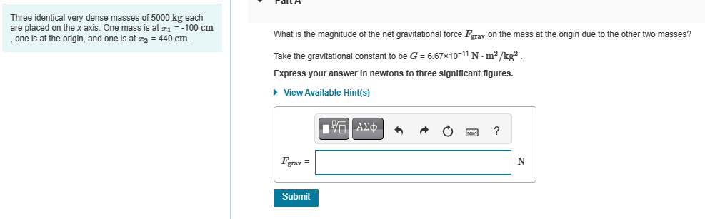 Solved Three identical very dense masses of 5000 kg each are | Chegg.com
