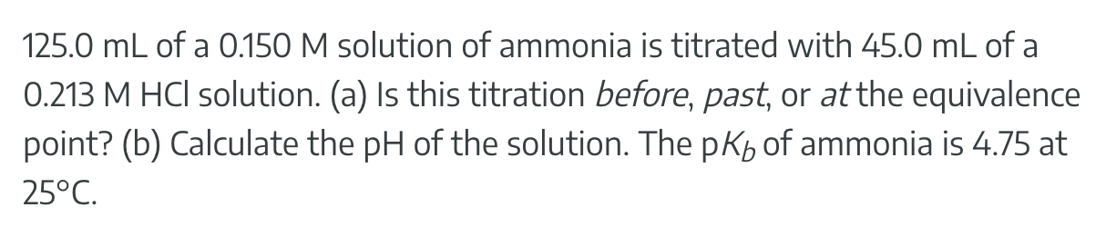 Solved 125.0mL ﻿of a 0.150M ﻿solution of ammonia is titrated | Chegg.com