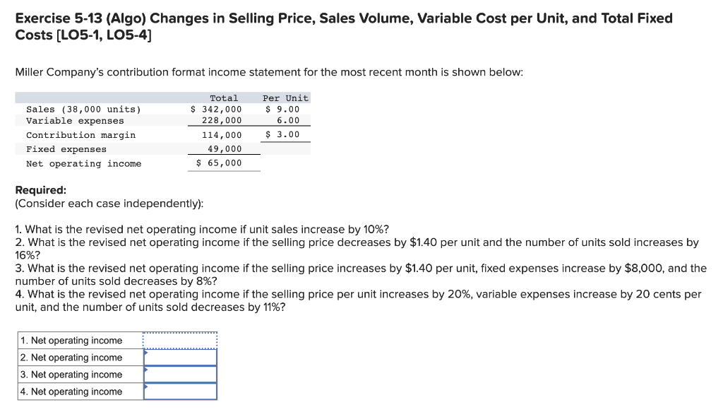 Solved Exercise 5-13 (Algo) Changes in Selling Price, Sales | Chegg.com