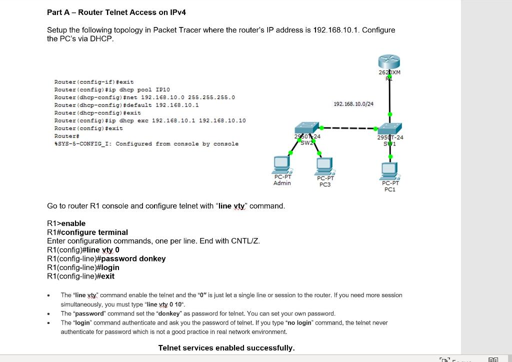 Part A-Router Telnet Access on IPv4 Setup the | Chegg.com