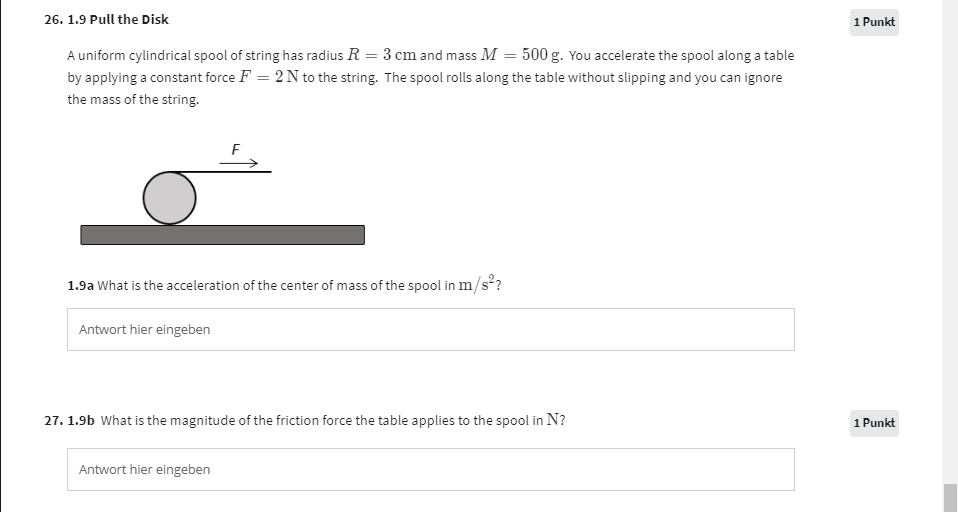 Solved A uniform cylindrical spool of string has radius R=3 | Chegg.com