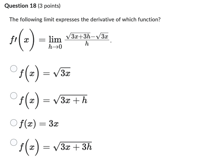 Question 18 (3 ﻿points)The following limit expresses | Chegg.com