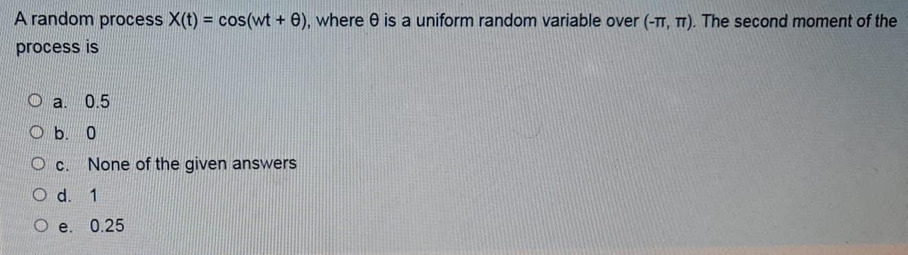 Solved A random process X(t) = cos(wt + e), where is a | Chegg.com