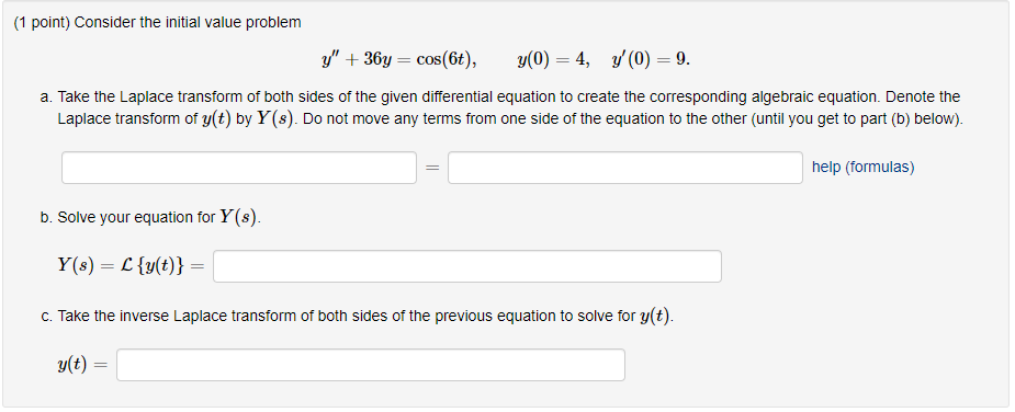 Solved (1 point) Consider the initial value problem y" + 36y | Chegg.com