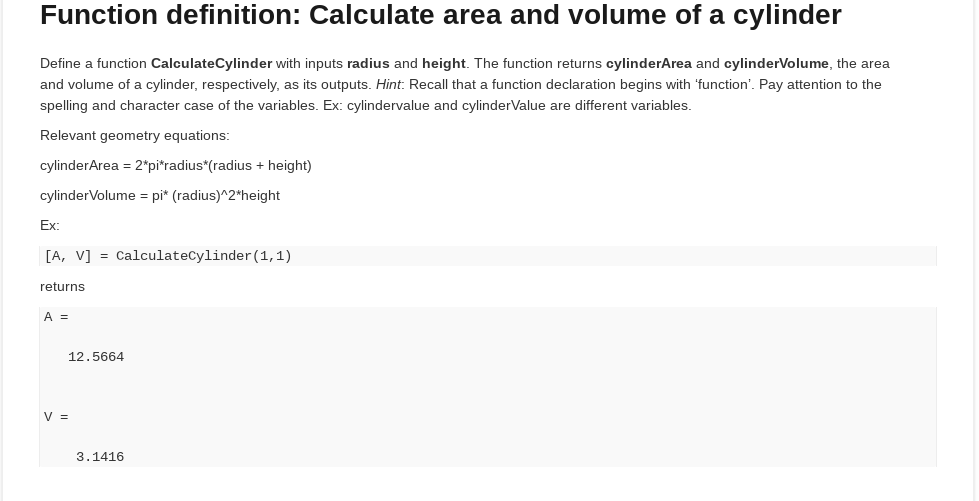 Solved Function definition: Calculate area and volume of a | Chegg.com