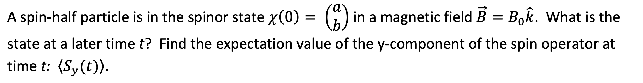 Solved A spin-half particle is in the spinor state χ(0)=(ab) | Chegg.com