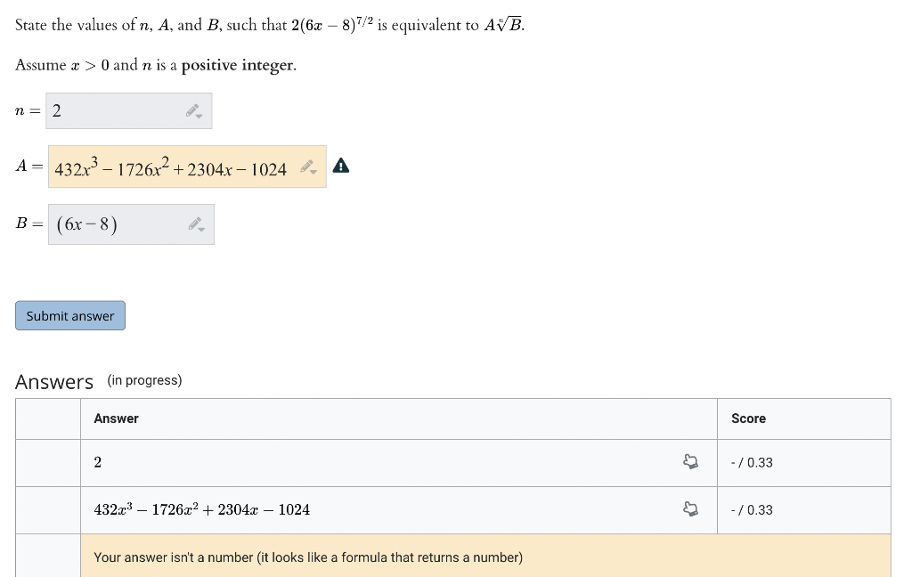 Solved State the values of n, A, and B, such that 2(6x – | Chegg.com