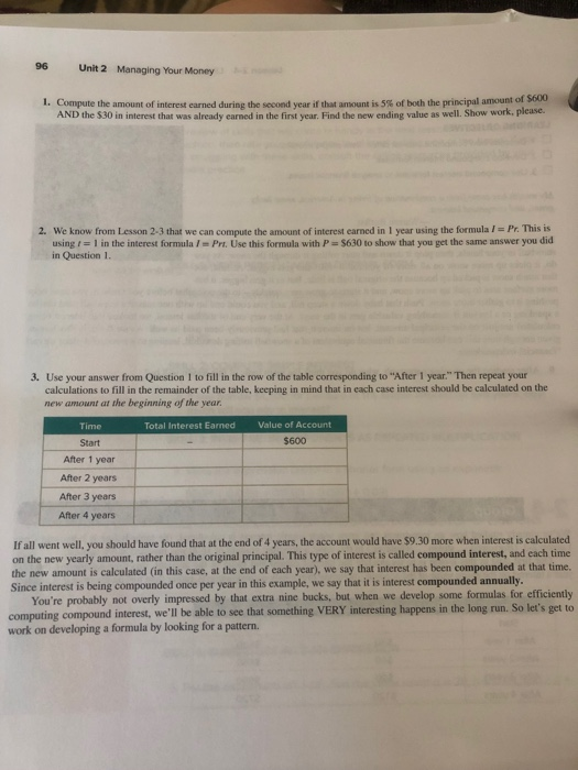 Solved 96 Unit 2 Managing Your Money 1. Compute the amount | Chegg.com