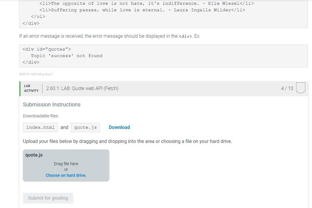 Solved 2.60 LAB: Quote web API (Fetch) In this lab, you will | Chegg.com